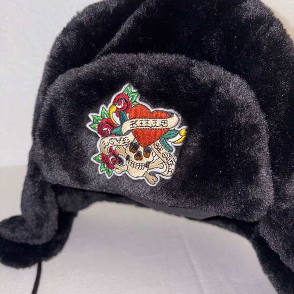 Ed Hardy | Accessories | Ed Hardy Black Faux Fur Trapper Hat Skull Rose ...